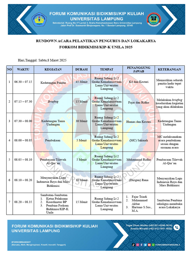 Rundown Acara Pelantikan Pengurus Dan Lokakarya B 2025-1-3 | PDF