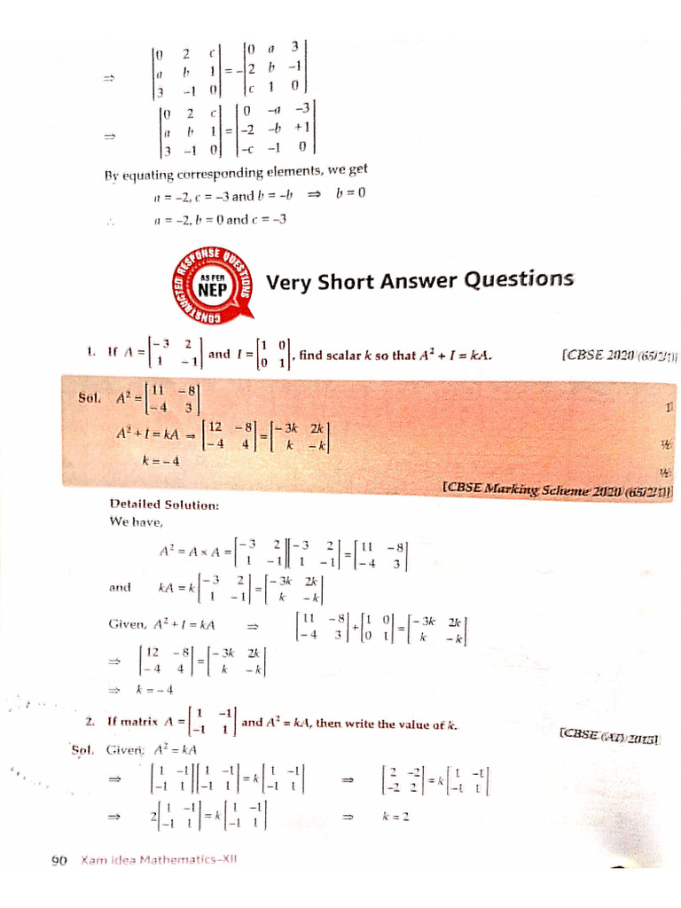 Matrices (Very Short & Short Answer Questions) | PDF