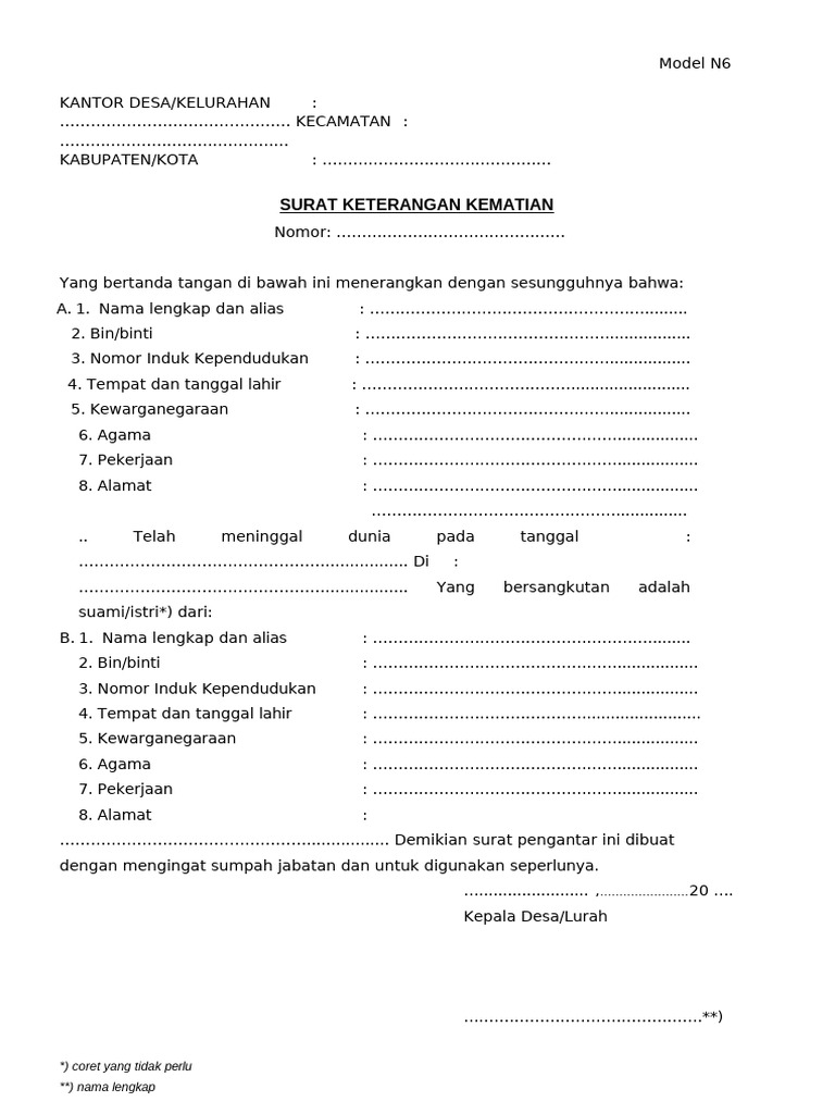 Model N6 Surat Keterangan Kematian | PDF
