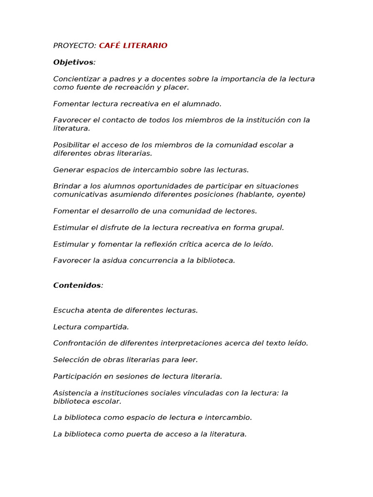 Proyecto de Café Literario Escolar | PDF | Autor | Narración