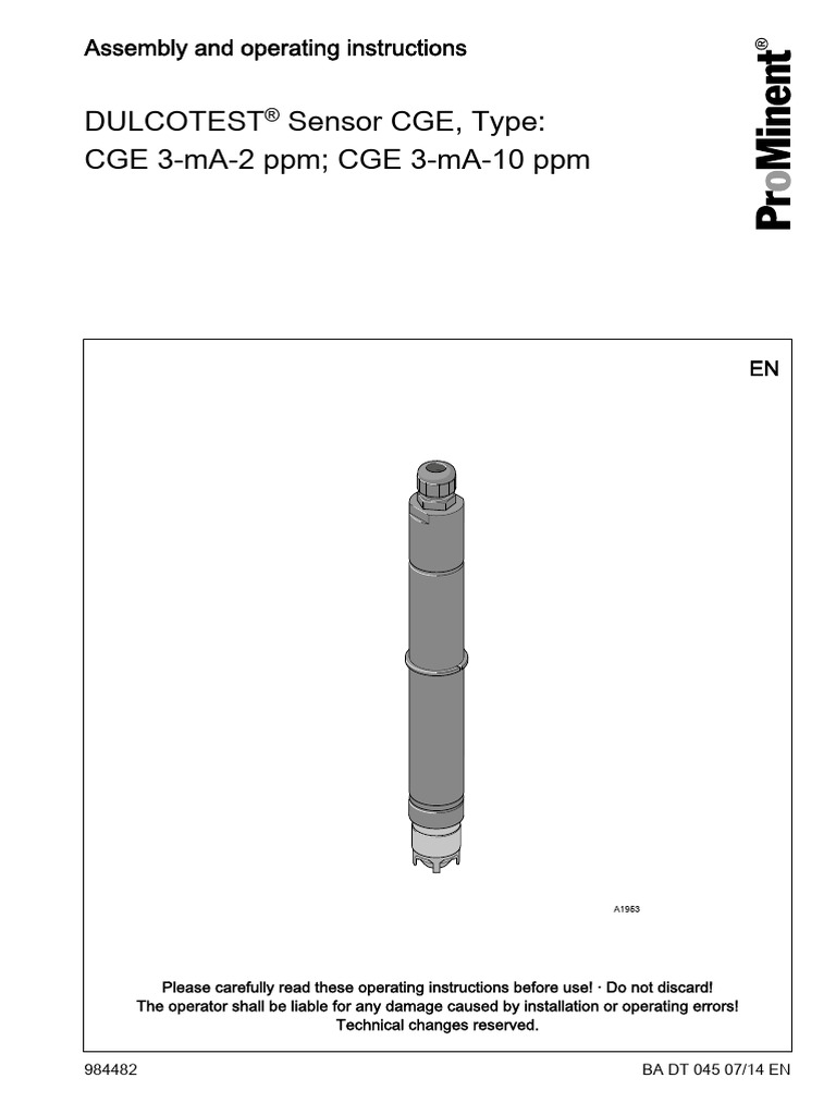BA DT 045 07 14 EN Dulcotest Sensor CGE 3 EN | PDF | Ph | Sensor