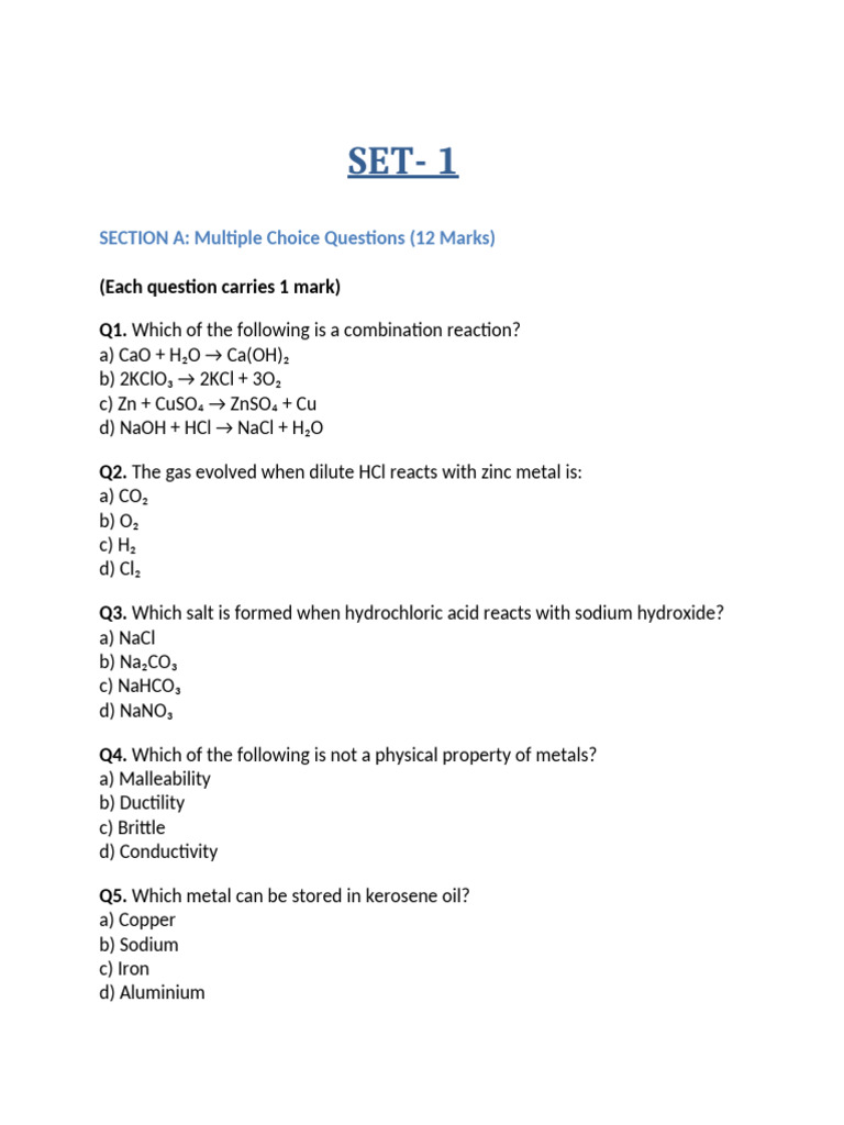 Class 10 Science: Chemical Reactions Quiz | PDF | Chemical Reactions ...
