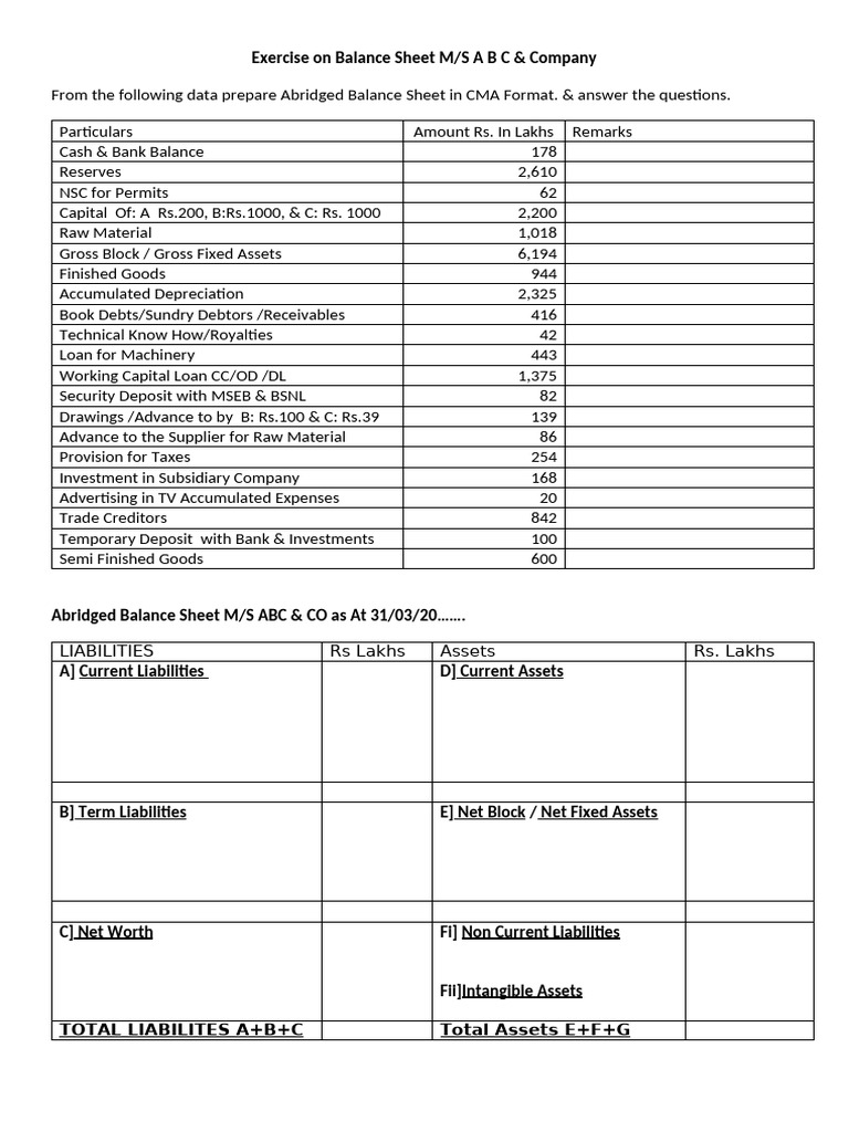 Exercise_on_Balance_Sheet_M | PDF | Balance Sheet | Working Capital
