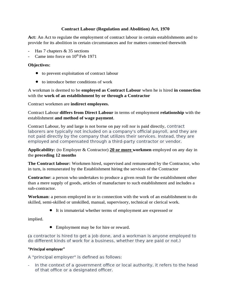 Contract Labour Regulation Act Overview | PDF | Employment | Wage