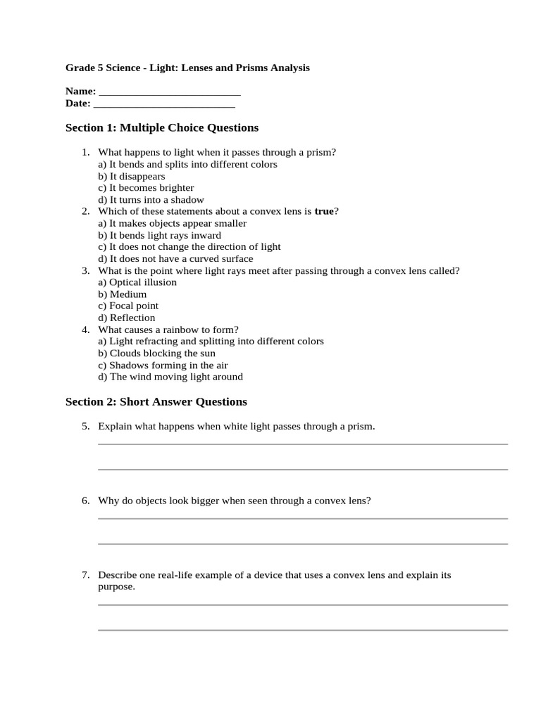 Grade 5 Science: Light, Lenses & Prisms | PDF | Refraction | Light