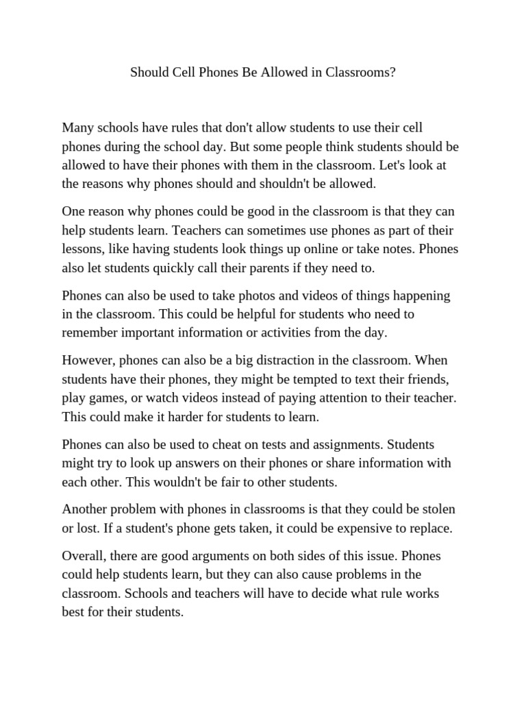 Should Cell Phones Be Allowed in Classrooms | PDF