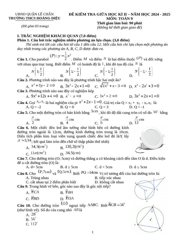 De Giua Ki 2 Toan 9 Nam 2024 2025 Truong Thcs Hoang Dieu Hai Phong | PDF