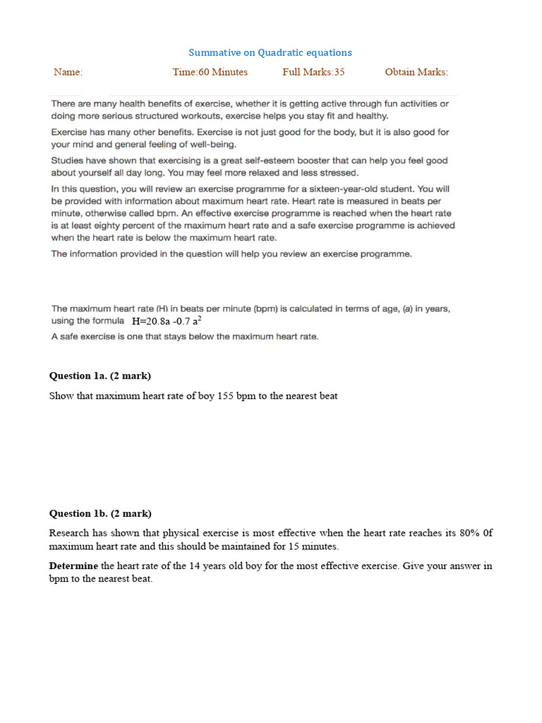 Summative On Quadratic Equations | PDF | Heart Rate | Area