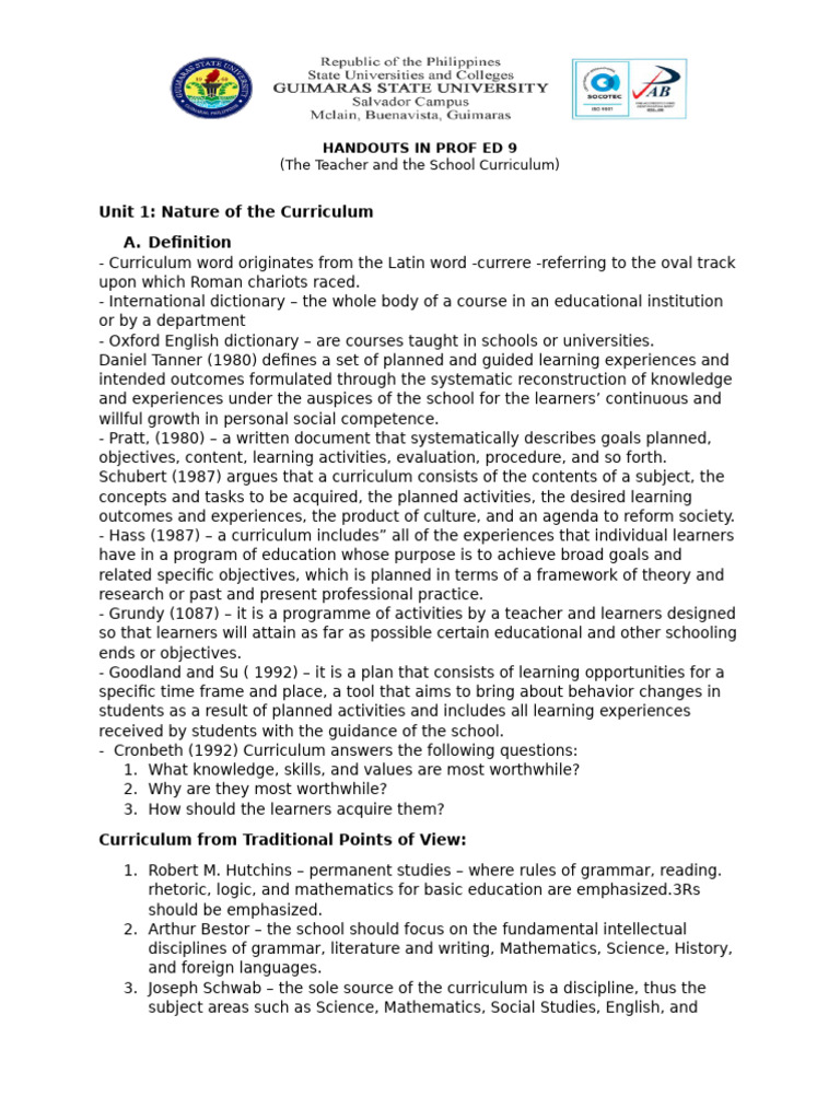 Handouts in Prof Ed 9 (Autorecovered) | PDF | Curriculum | Educational Assessment