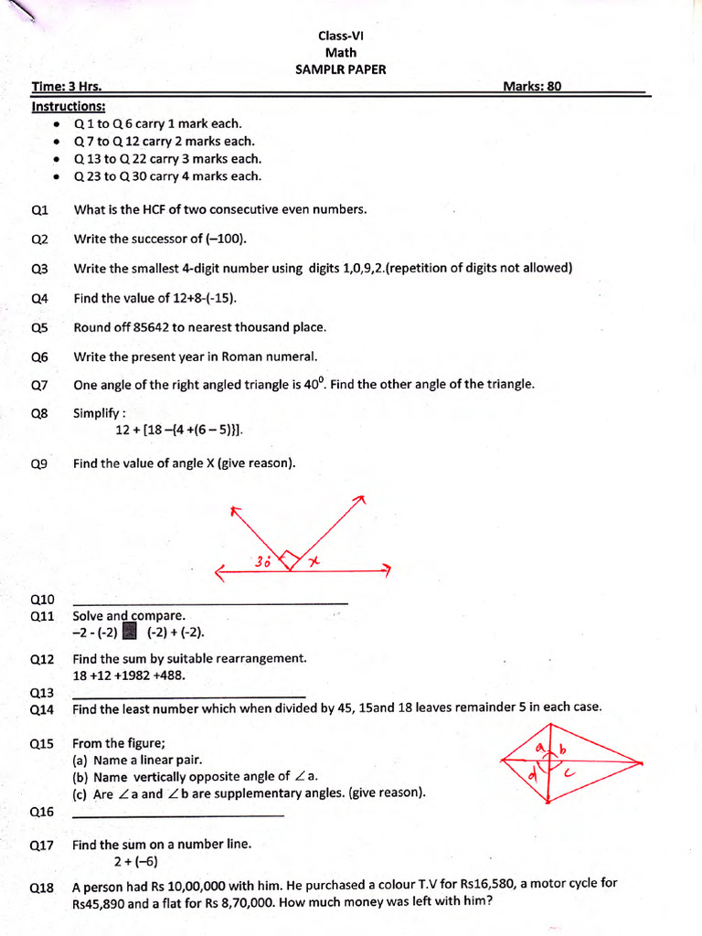 Class VI Maths Sample Paper DAV | PDF