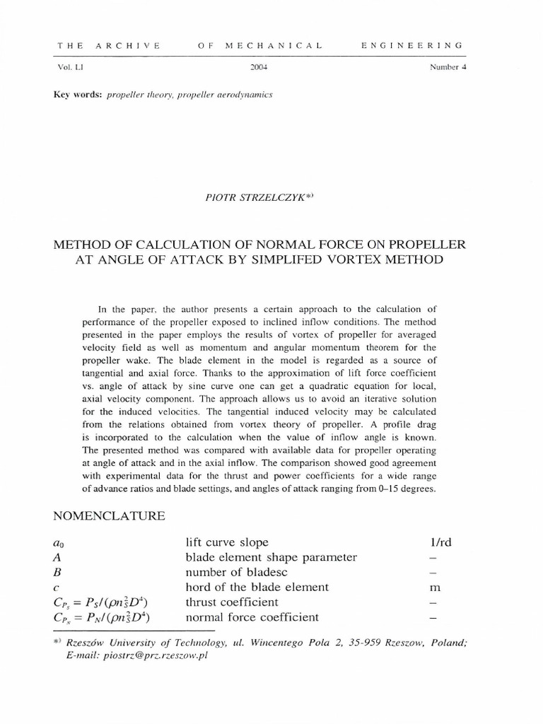 MECHANICAL 51 2004 4 Strzelczyk Method | PDF | Lift (Force) | Propeller