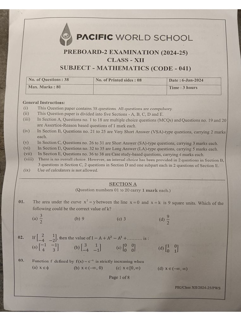 Preboard 2 Maths | PDF