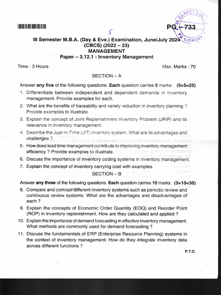 Inventory Management Exam Paper 2022 | PDF | Inventory | Lean Manufacturing