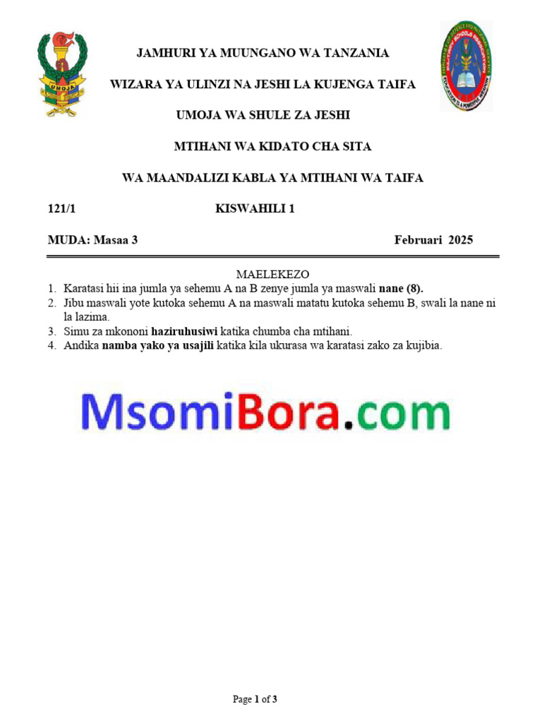 KISWAHILI 1 - Exam N Answers | PDF