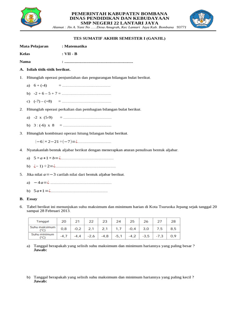 Soal Sumatif Matematika Kelas 7 | PDF
