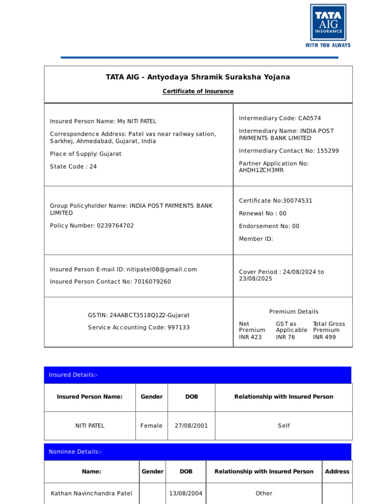 Tagic Gas Coi Certificate 10lakh-30074531 | PDF | Insurance