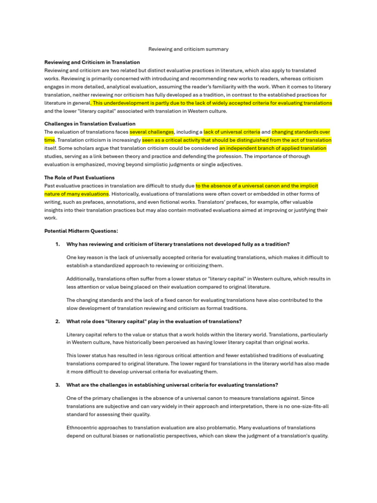 Translation Criticism Notes | PDF | Translations | Evaluation
