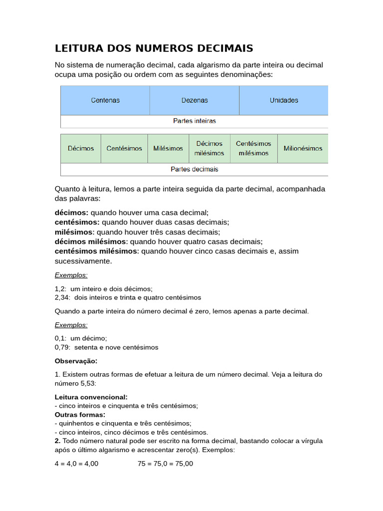 Leitura Dos Numeros Decimais | PDF
