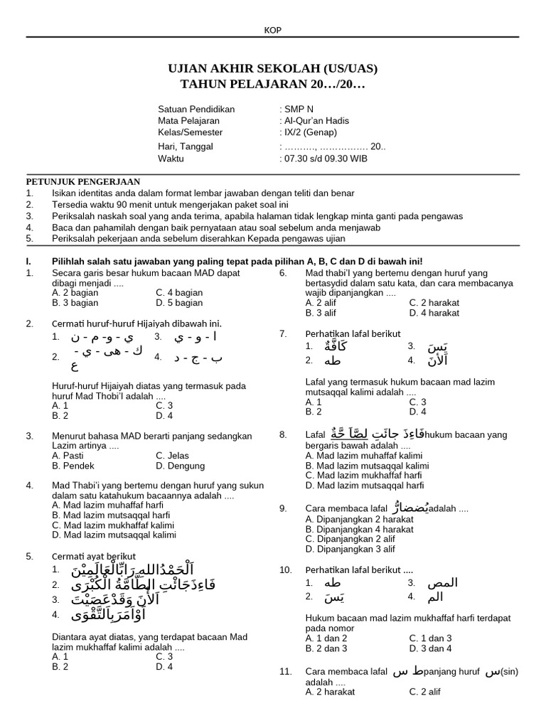 Soal UAM II Quran Hadis Kelas IX | PDF