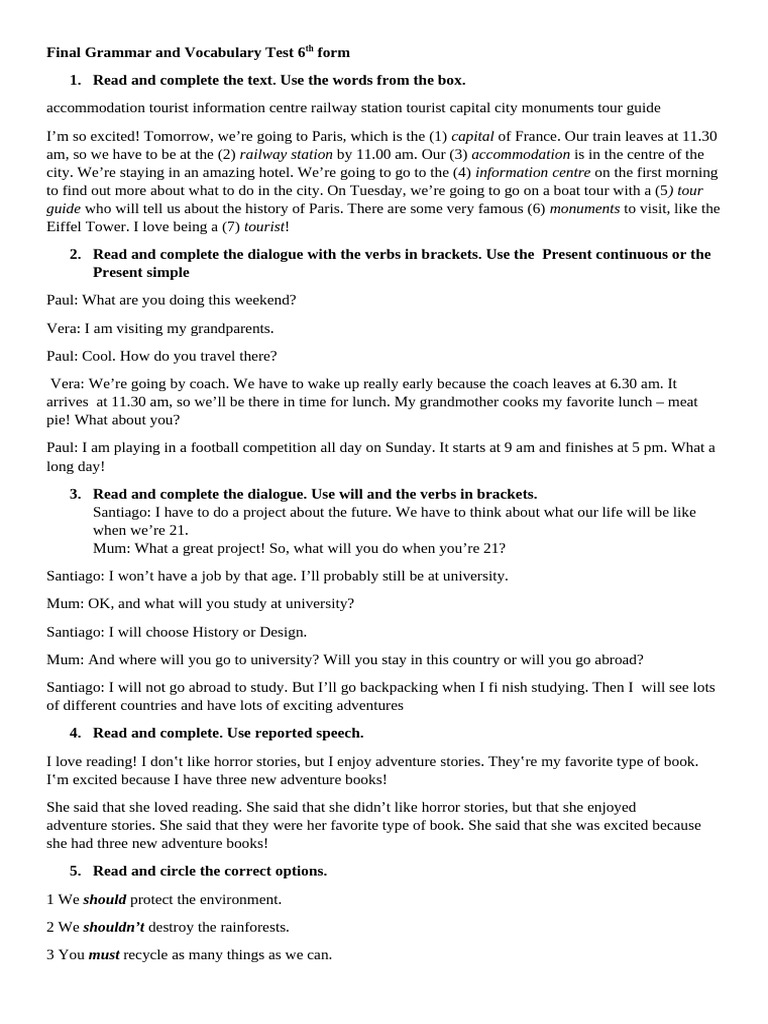 Grammar and Vocabulary Test 6th Form | PDF