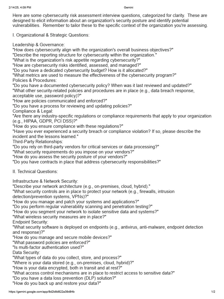 Cybersecurity Risk Assessment Questions | PDF | Security | Computer ...