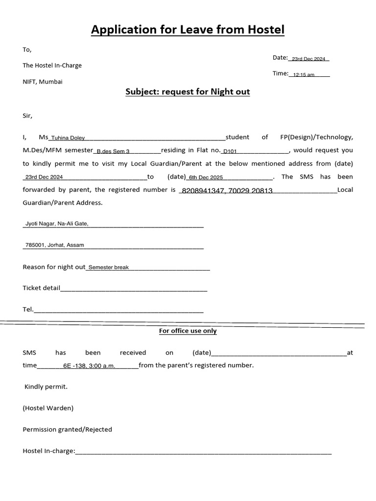 Application for Leave from Hostel (2) | PDF
