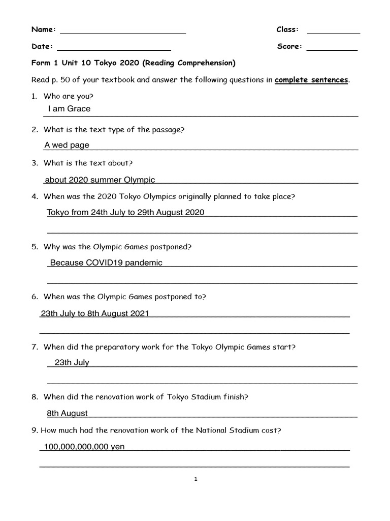 Form 1 Unit 10 Reading Comprehension-converted | PDF | Olympic Games ...