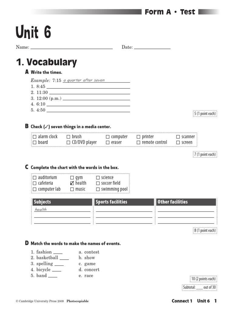 Connect 1 Unit 6 Test Worksheet | PDF