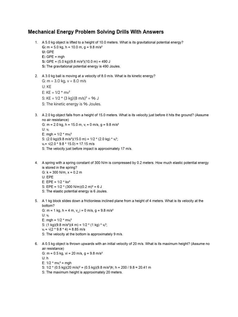 Mechanical Energy Problem Solving Drills With Answers | PDF | Kinetic ...