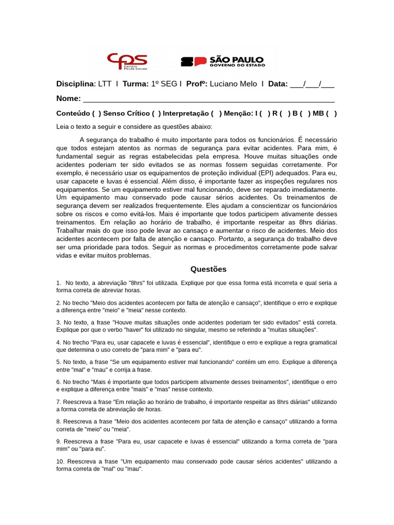 Atividade Avaliativa LTT 1 | PDF