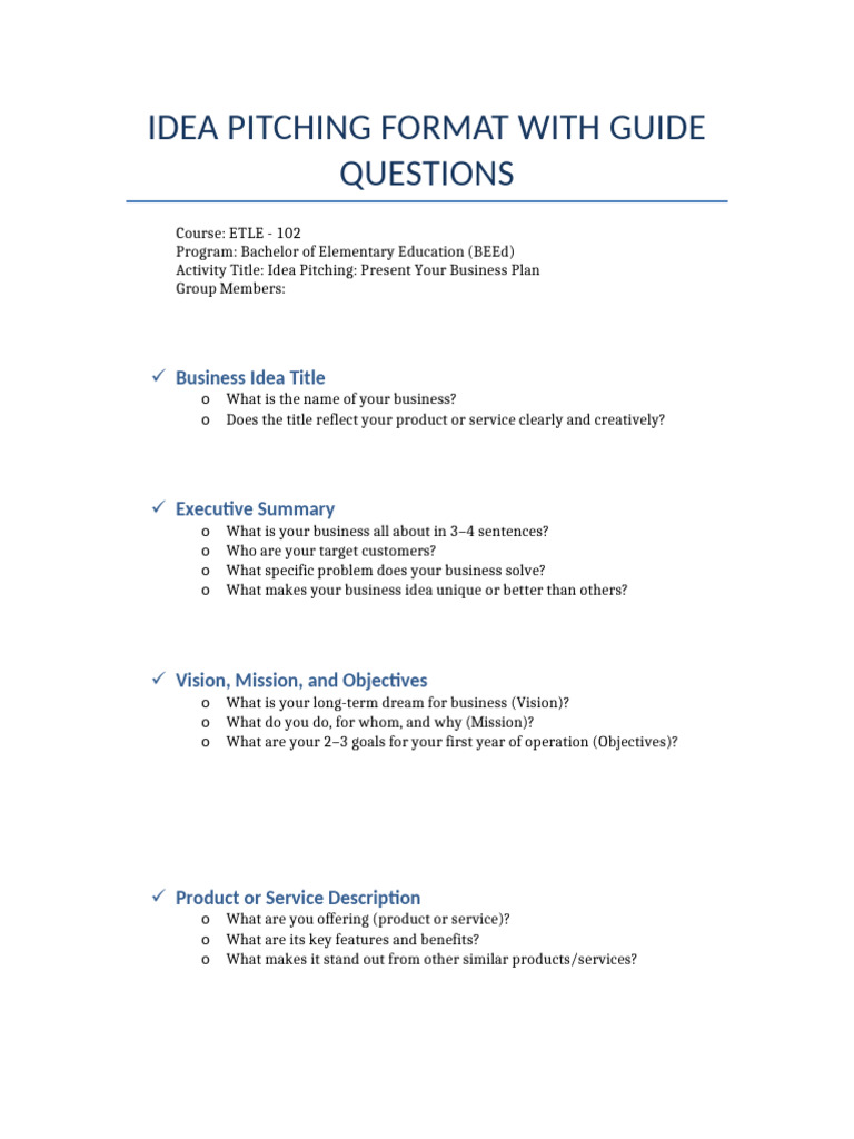Idea_Pitching_Format_with_Guide_Questions_BEEd | PDF | Economies | Business