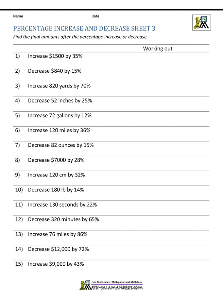 Percentage Increase and Decrease Worksheet 3 | PDF