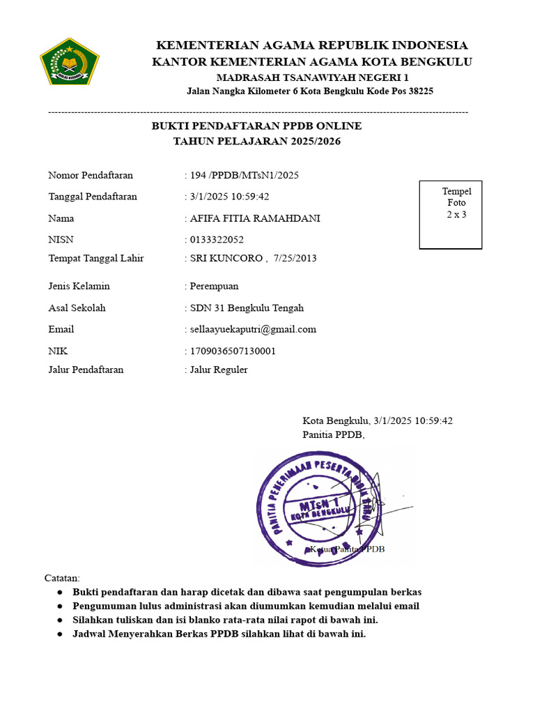 Bukti Pendaftaran Ppdb Mtsn 1 2025 Afifa Fitia Ramahdani | PDF
