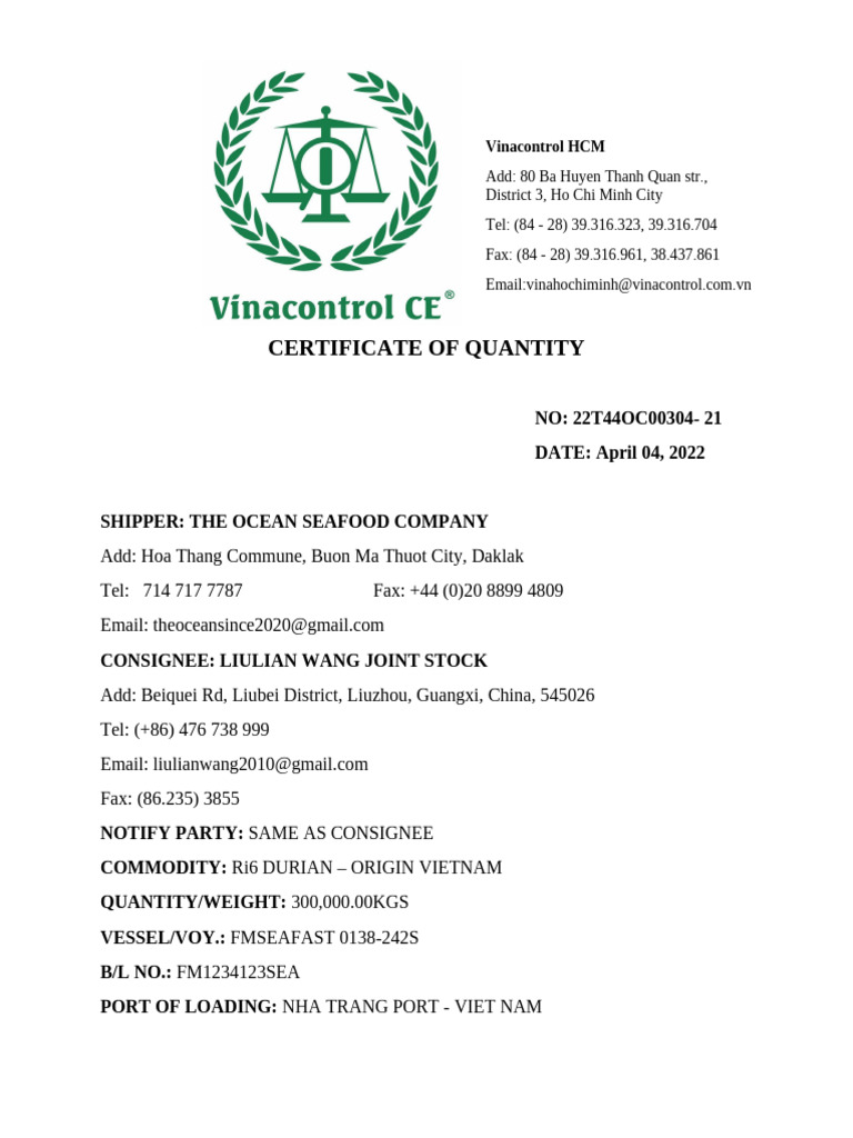 CERTIFICATE OF QUANTITY THE OCEAN | PDF