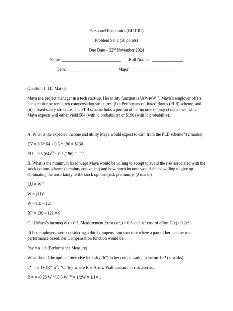Personnel Economics Problem Set 2 Guide | PDF | Incentive | Risk Premium