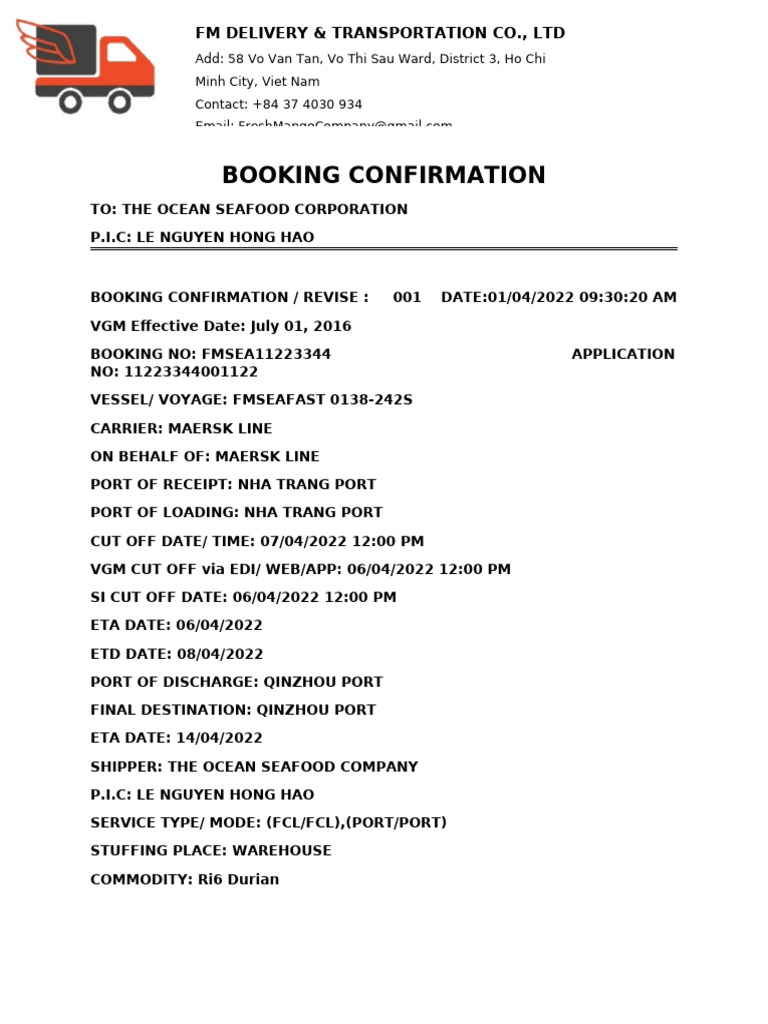 BOOKING CONFIRMATION_TheOcean_FMCO_ | PDF | Cargo | Freight Transport