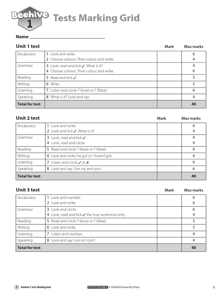 Beehive 1 Test Marking Grid | PDF | Vocabulary | Psycholinguistics