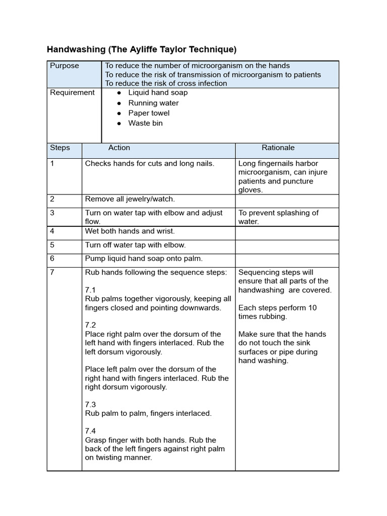 Ayliffe Technique for Hand Hygiene | PDF | Hand Washing | Hand