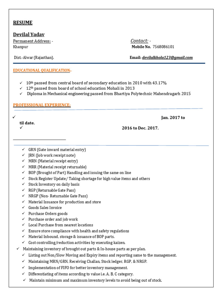 DEV LAL cv | PDF | Inventory | Business