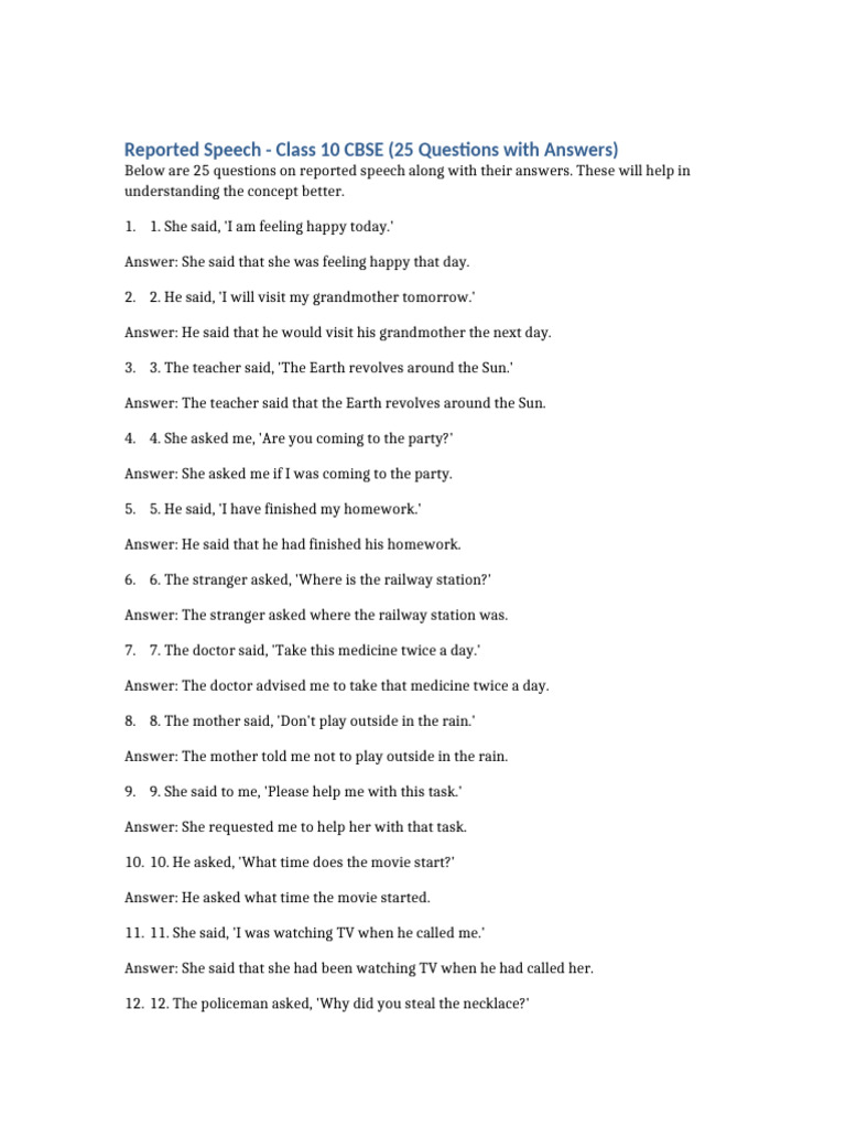 Class 10 Reported Speech Exercises | PDF