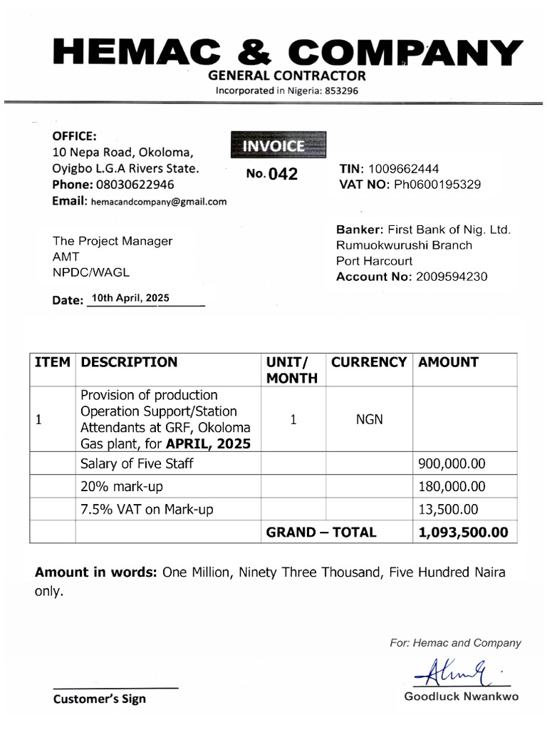 Hemac and Company Invoice For April 2025 | PDF
