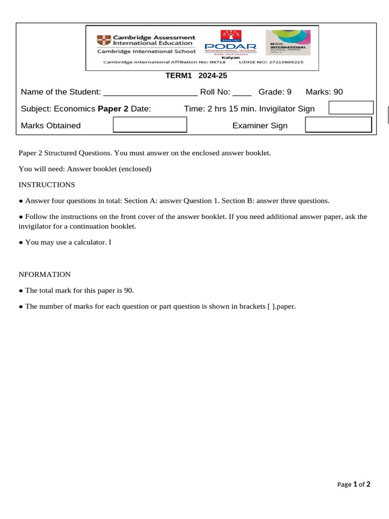 Term 2 Question Paper Format Paper 2 | PDF