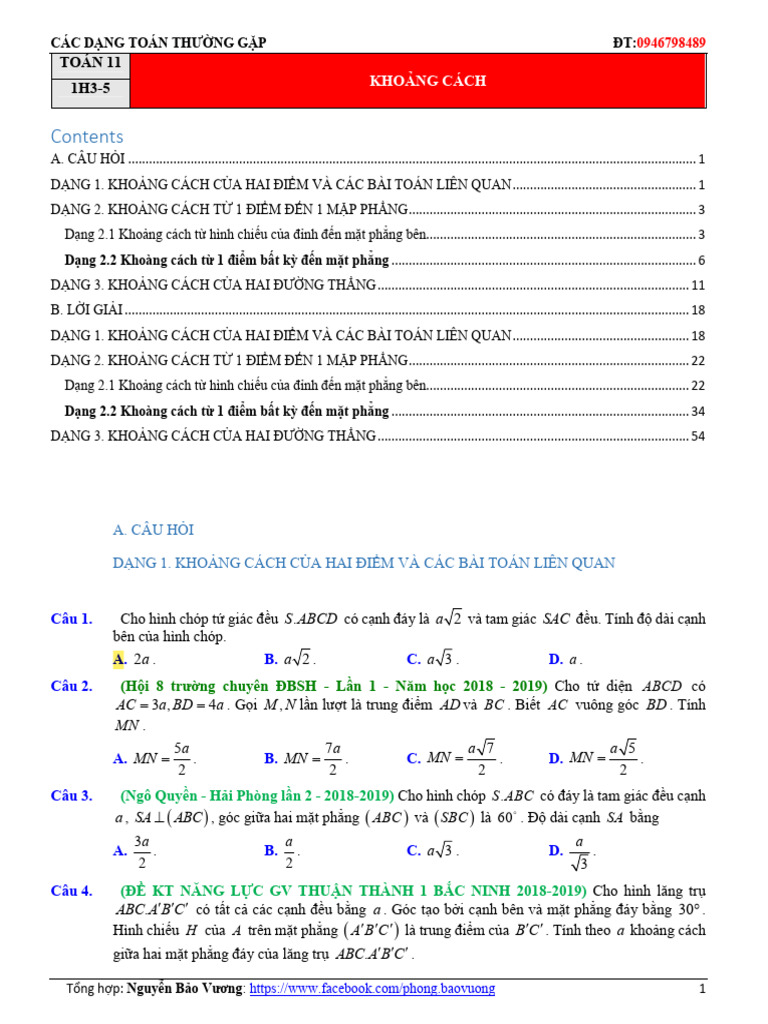 Bai Tap Trac Nghiem Khoang Cach Co Dap An Va Loi Giai Trang | PDF