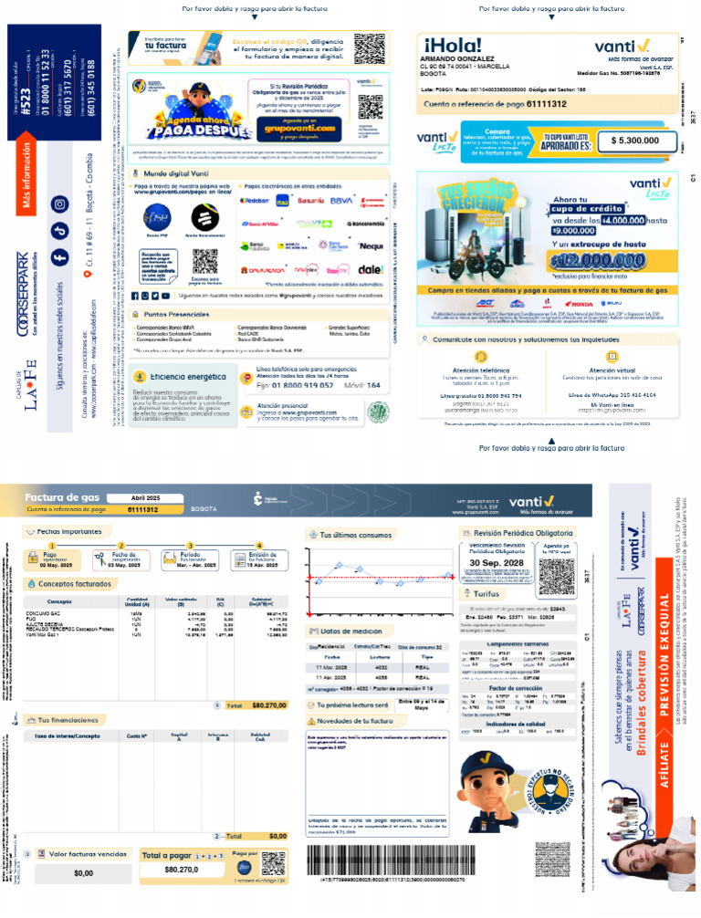 Vanti Factura 61111312 80.270 Pago Oportuno 2 Mayo 2025 | PDF