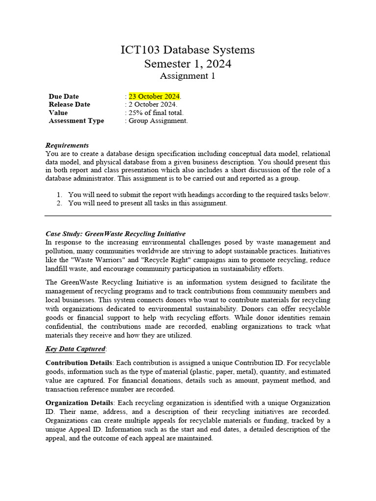 [Group7] ICT103 Database Systems Assignment 1 | PDF | Recycling | Data Model