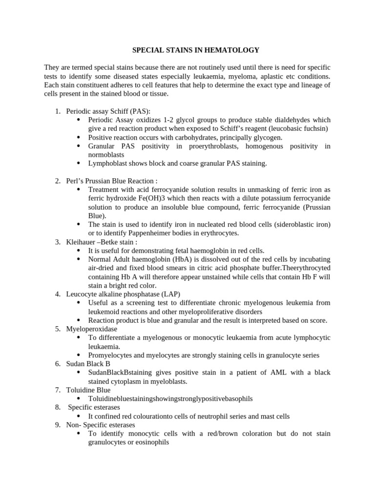 Special Stains in Hematology | PDF | Staining | White Blood Cell
