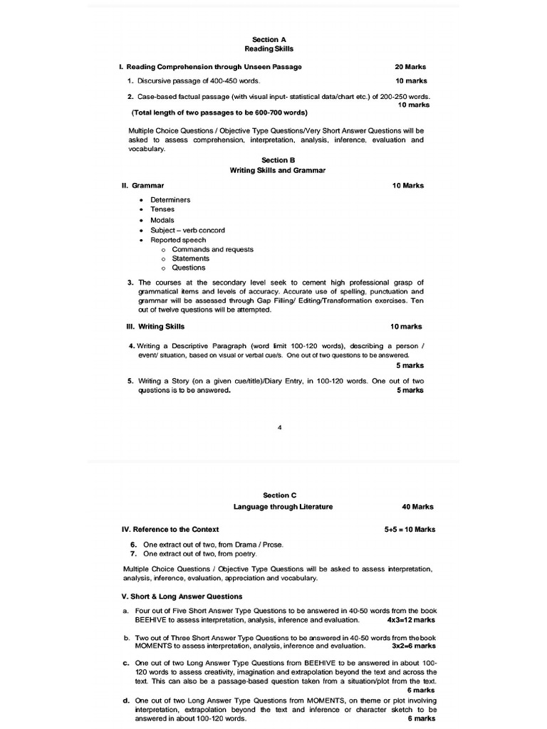9th English Q.P. Format For Final Exam | PDF