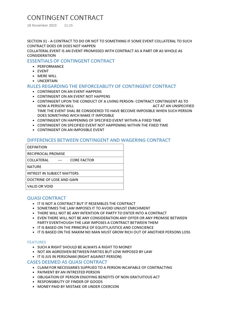 Contingent and Quasi Contract | PDF