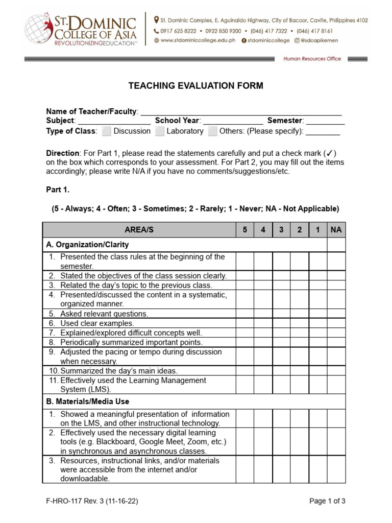 Teaching Evaluation Form Rev. 3 2 | PDF | Pedagogy | Education Theory