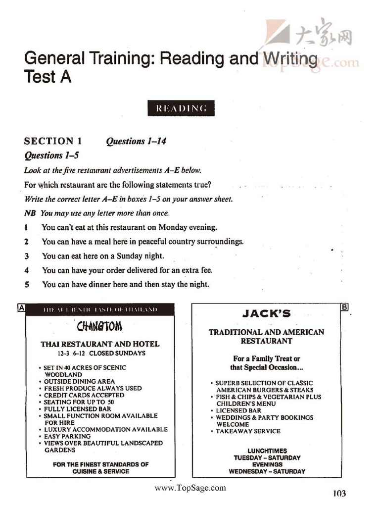 GT Reading Test A With Answers | PDF